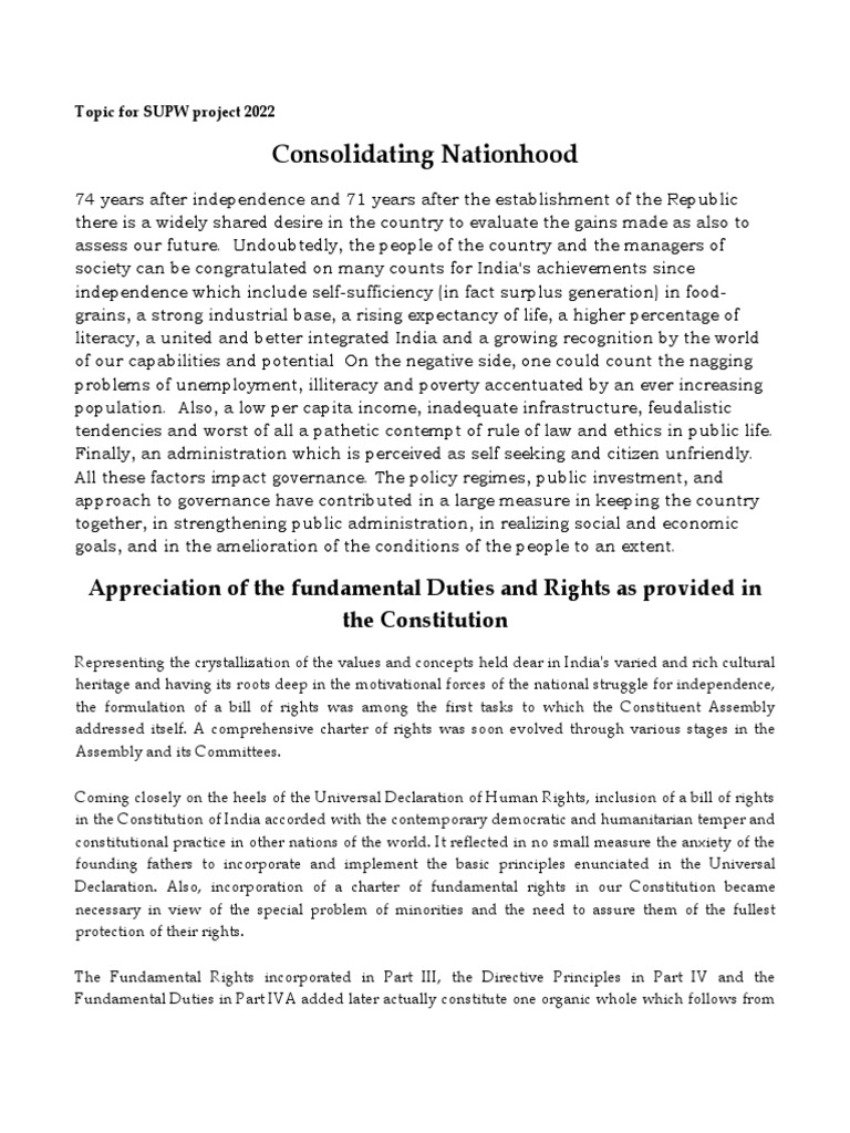 SUPW Project 2022 Consolidating Nationhood | PDF | Citizenship | Justice