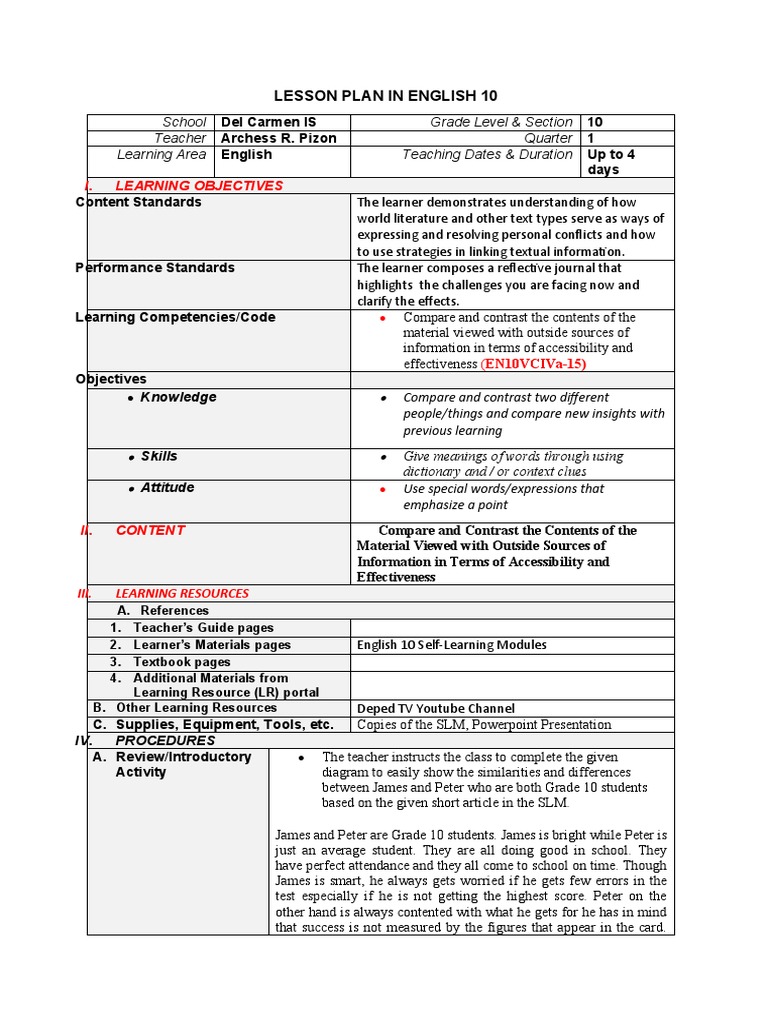 Lesson Plan in English 10 | Download Free PDF | Learning | Athena
