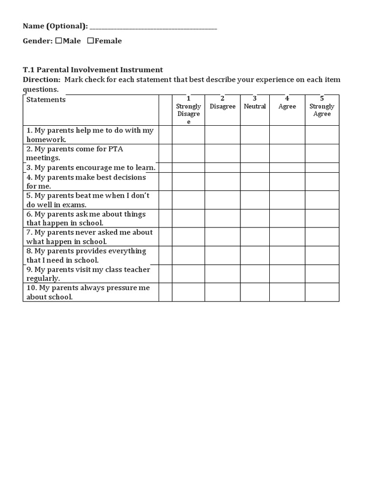 Parental Support Questionnaire | PDF