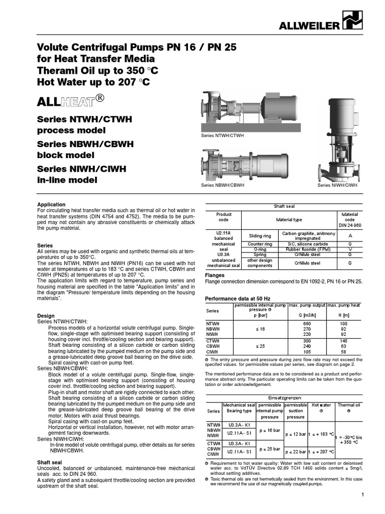 Центробежные насосы Allweiler серии ALLHEAT NTWH | PDF | Pump | Bearing (Mechanical)