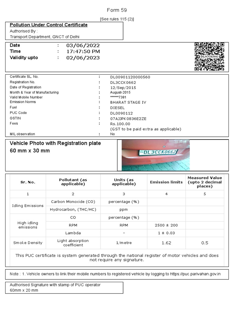 Puc Certificate New | PDF | Exhaust Gas | Vehicles