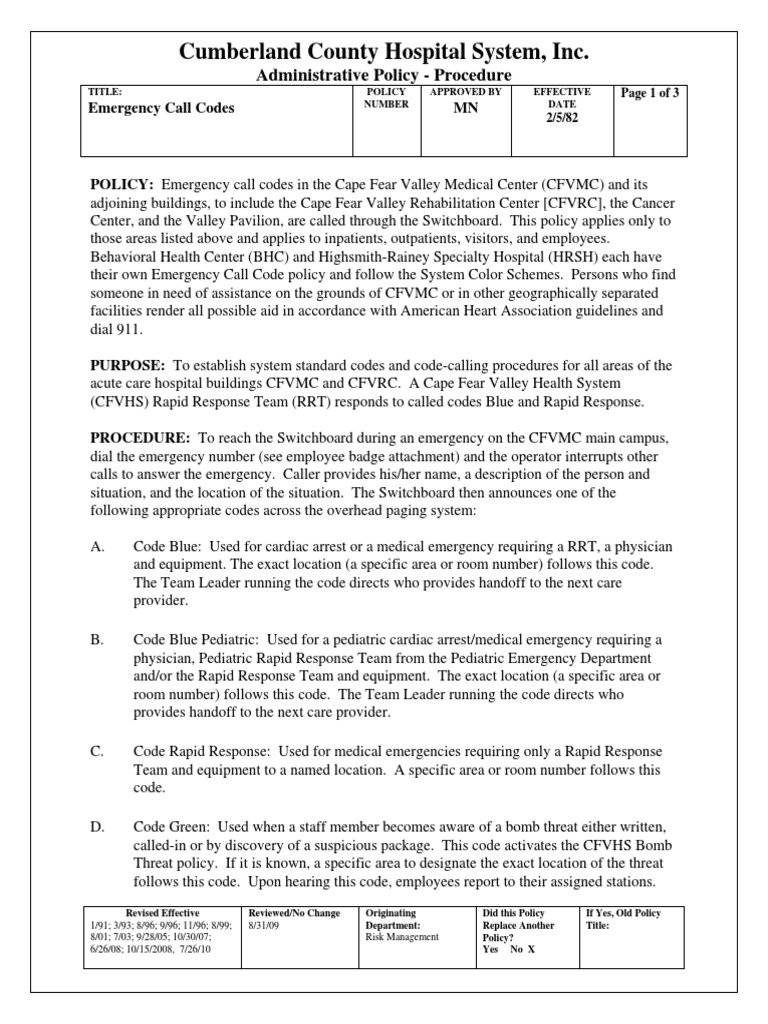 Emergency Call Codes Overview | PDF | Emergency | Hospital