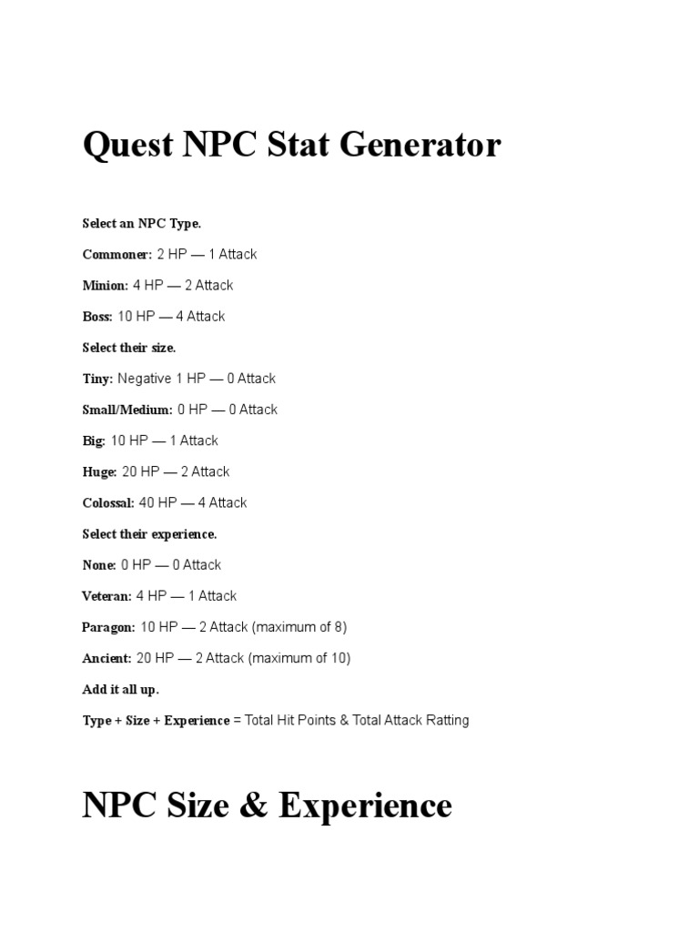 Quest NPC Stat Generator Rich Text | PDF