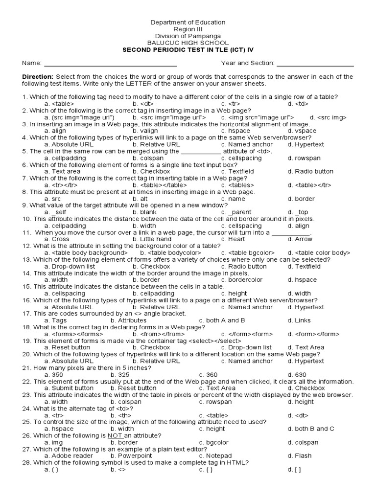 TLE IV ICT Periodic Test Questions | PDF | Hyperlink | World Wide Web