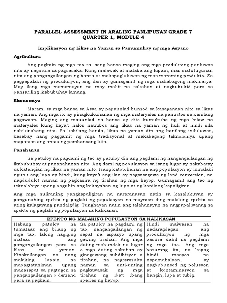 Parallel Assessment in Araling Panlipunan Grade 7 Quarter 1, Module 4 | PDF