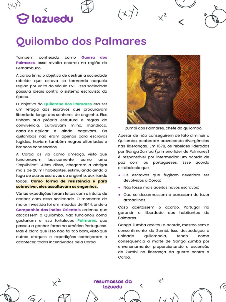 Resumasso de Quilombo Dos Palmares | PDF | Escravidão
