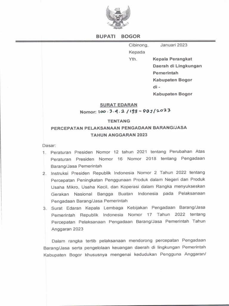 Surat Edaran Percepatan Pelaksanaan Pebgadaan Barang Dan Jasa | PDF