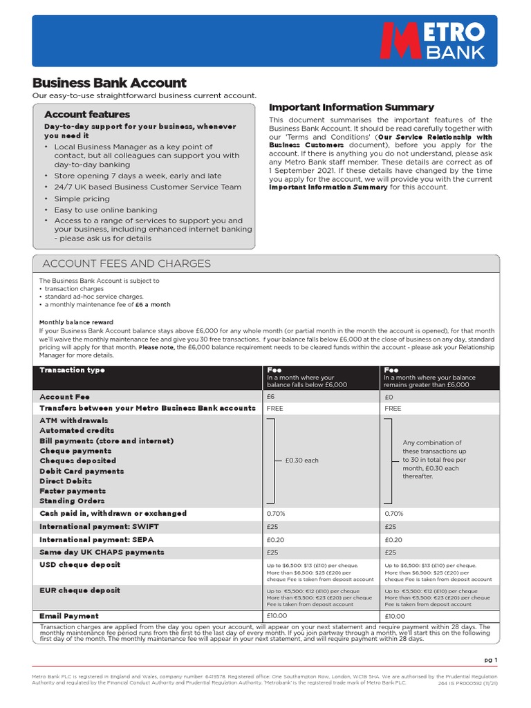 Metro Bank Business Account Fees | PDF | Cheque | Overdraft