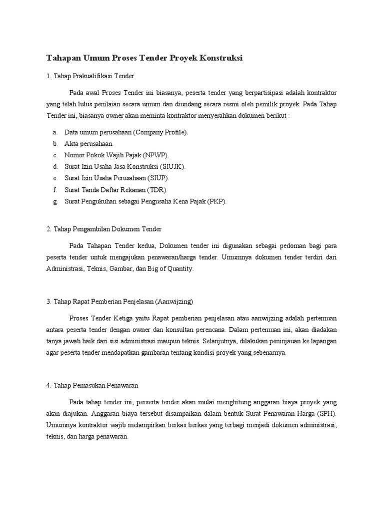 Tahapan Umum Proses Tender Proyek Konstruksi | PDF