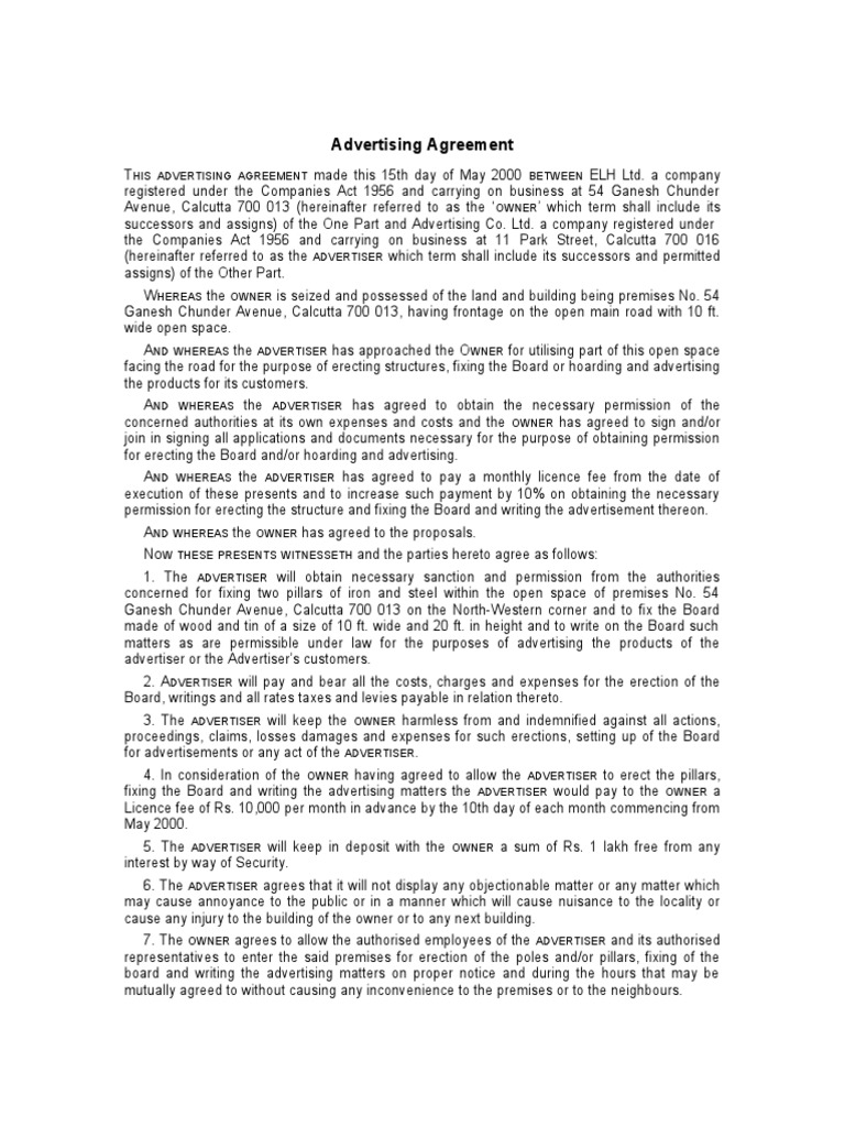 Advertising Agreement | PDF | License | Business Law