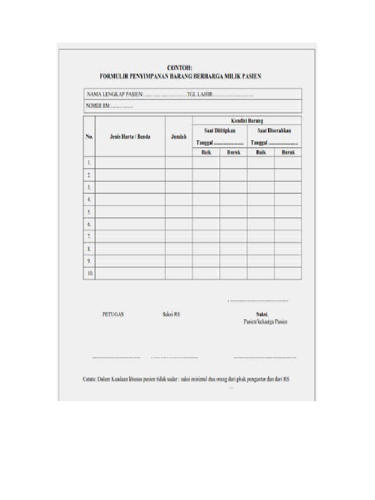 Dokumen - Tips Contoh Formulir Penitipan Harta Milik Pasien | PDF