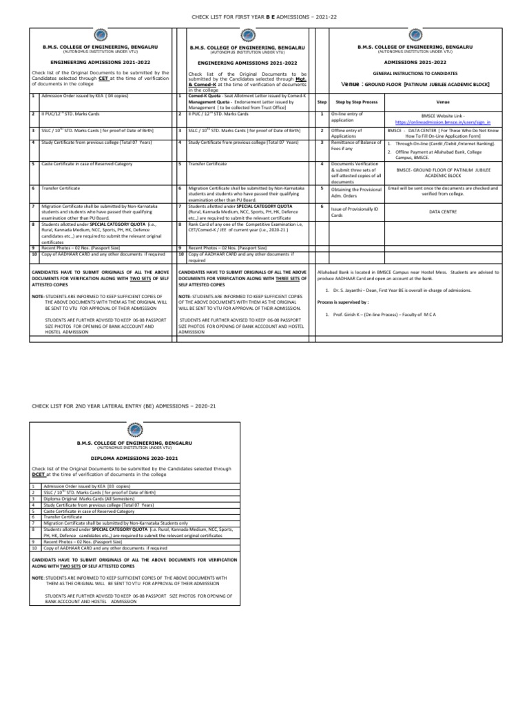 BMSCE Admission Document Checklist | PDF | University And College Admission | Online And Offline