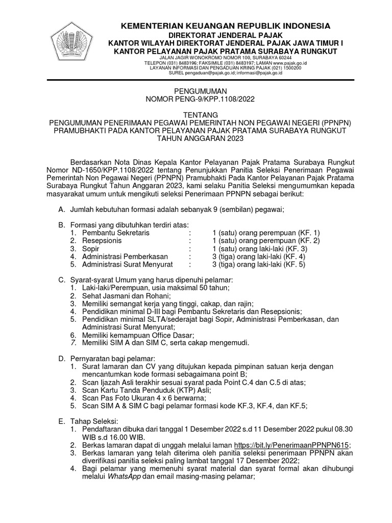 Penerimaan PPNPN KPP Rungkut 2023 | PDF