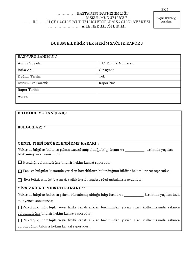 EK 5 Durum Bildirir Tek Hekim Raporu Formati | PDF