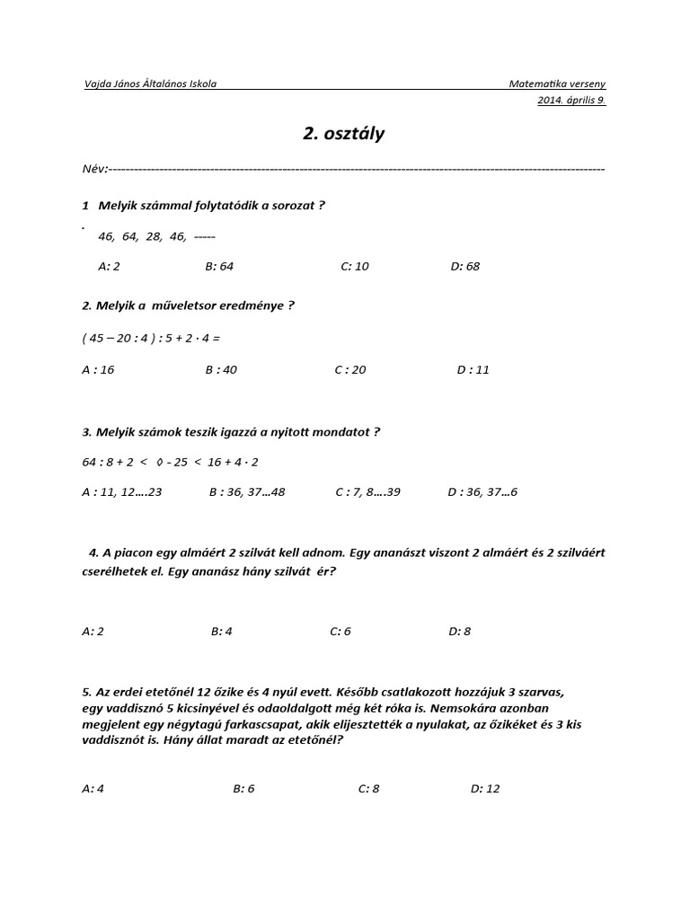 Matekverseny 2. Oszt.2014 | PDF