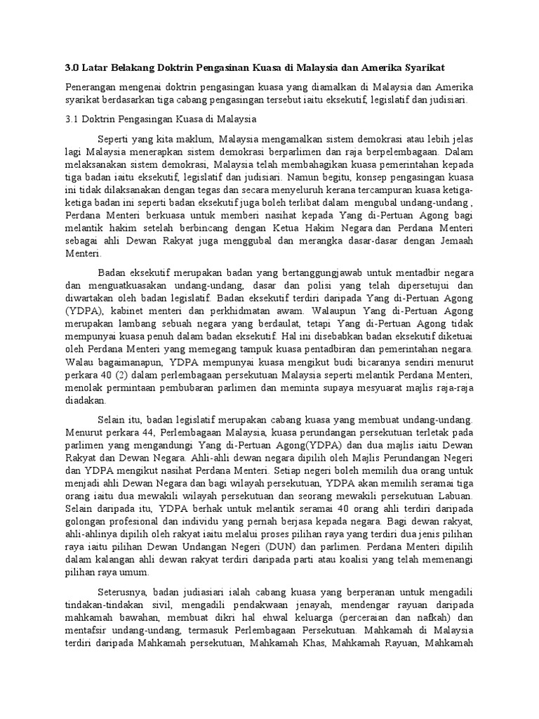 Perbandingan Doktrin Pengasingan Kuasa Di Antara Us Dengan Malaysia Pdf 