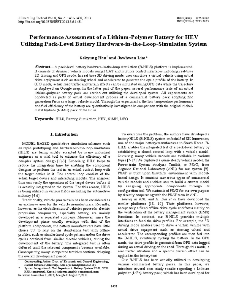Performance Assessment of A Lithium-Polymer Battery For HEV Utilizing Pack-Level Battery ...