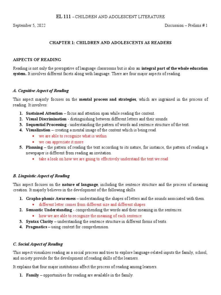 1 EL 111 - Children and Adolescent As Readers | PDF | Learning | Reading Comprehension