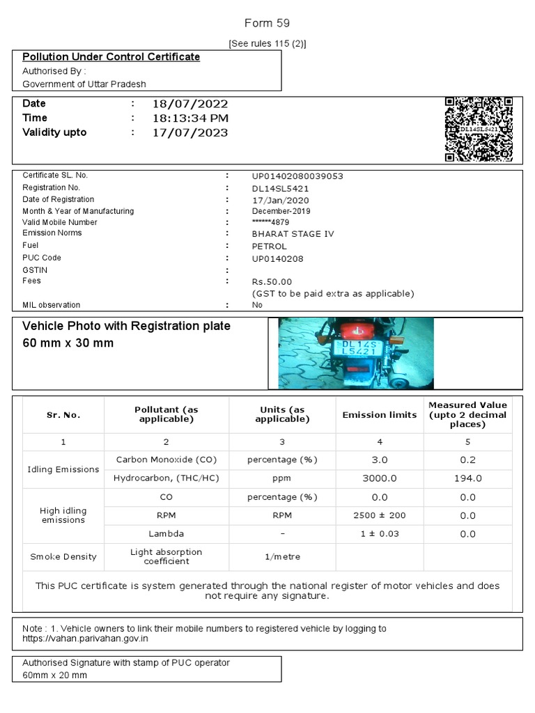 Puc Certificate New | PDF | Exhaust Gas | Pollution