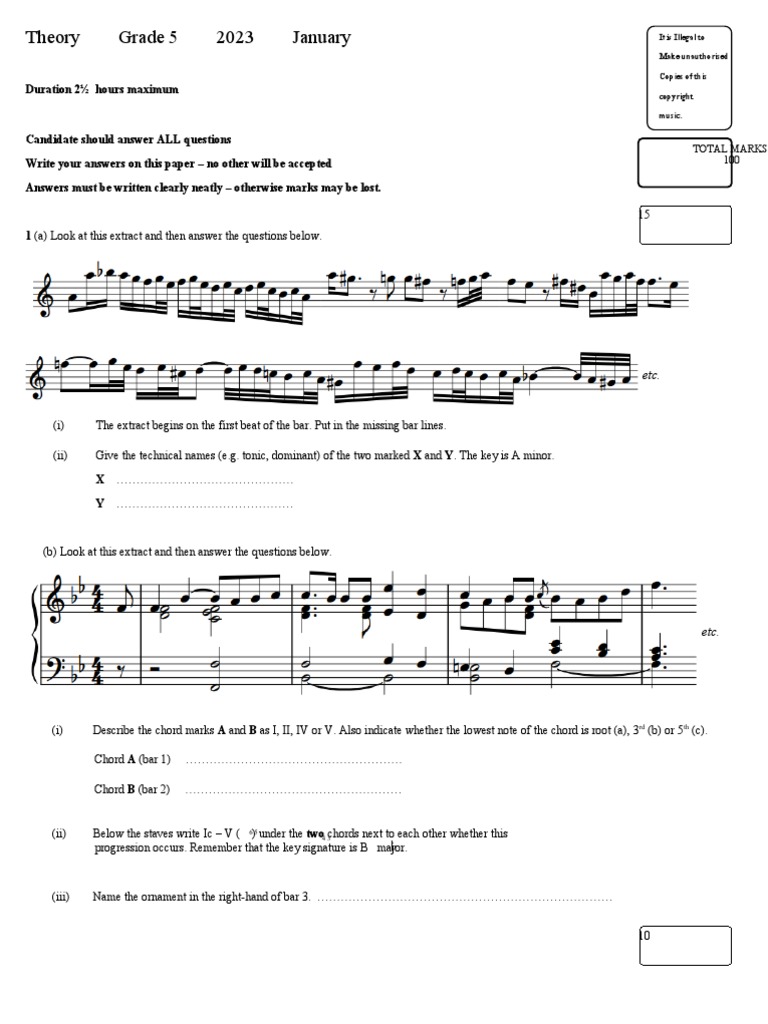 Theory Grade 5 2023 January | PDF | Clef | Notation