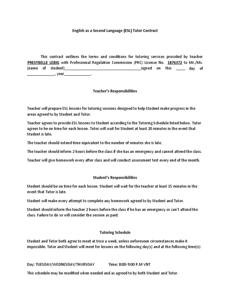 Terms and Conditions of ESL Tutoring Services between Presybelle Lebig ...