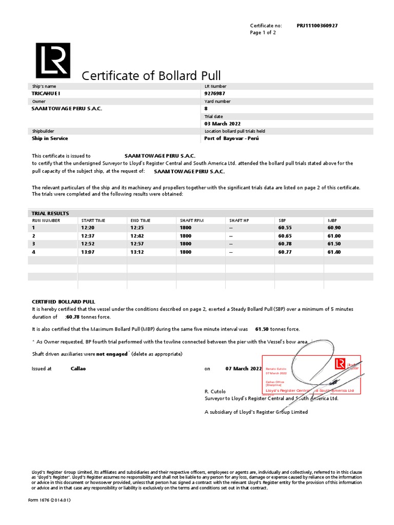 Certificate of Bollard Pull - TRICAHUE I | PDF | Propeller | Tugboat Certificate of Bollard Pull - TRICAHUE I | PDF | Propeller | Tugboat