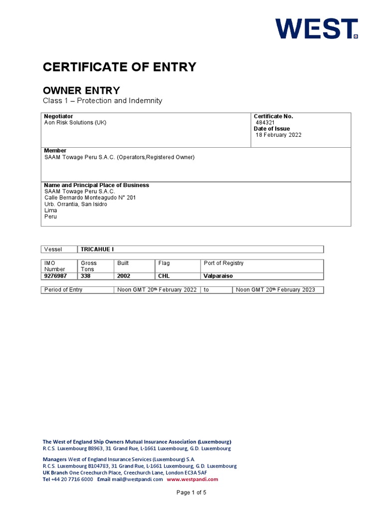 29 Certificate P & I Owned | PDF | Indemnity | Deductible
