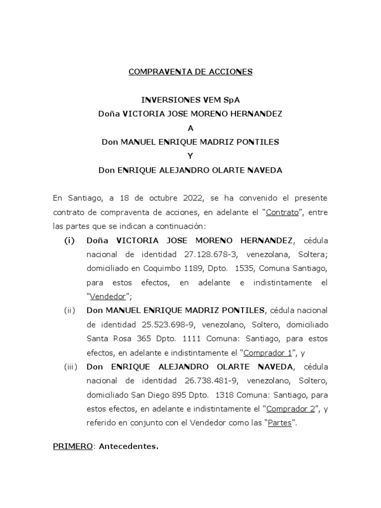 Compraventa de Acciones INVERSIONES VEM SPA | PDF | Justicia | Crimen y ...