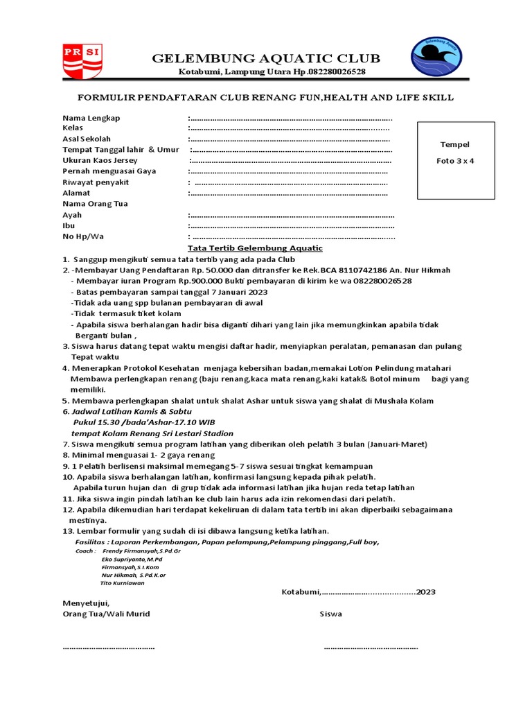 Formulir Renang Fun, Healt, and Life Skill | PDF