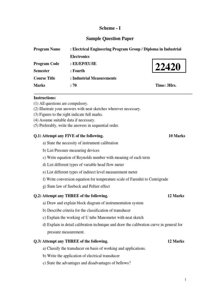 Sample Question Paper Industrial Measurements | PDF | Pressure ...