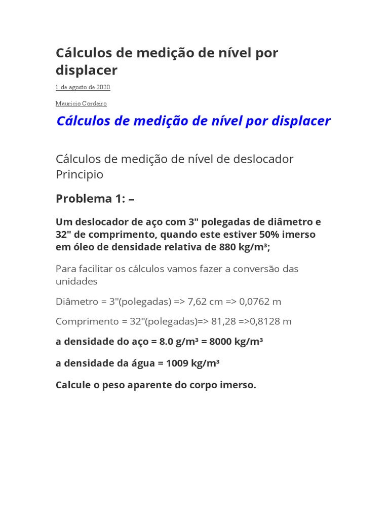 Cálculos de Medição de Nível Por Displacer | PDF Cálculos de Medição de Nível Por Displacer | PDF