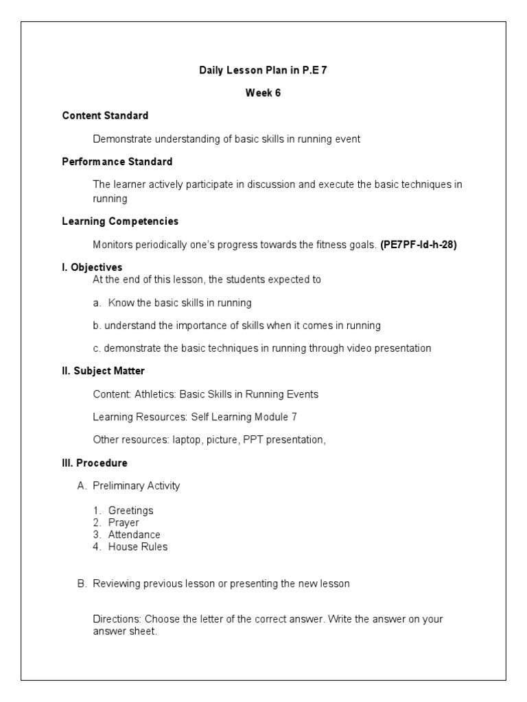 Daily Lesson Plan in PE7_W6 | PDF | Learning | Track And Field