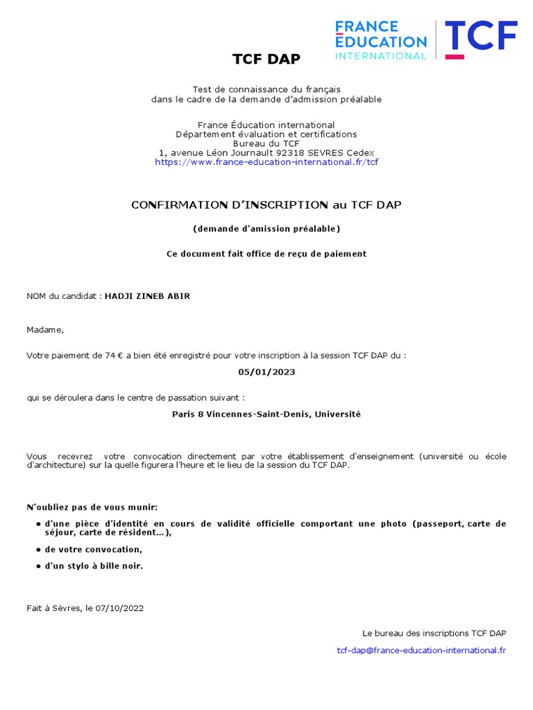 Confirmation Inscription TCF DAP | PDF