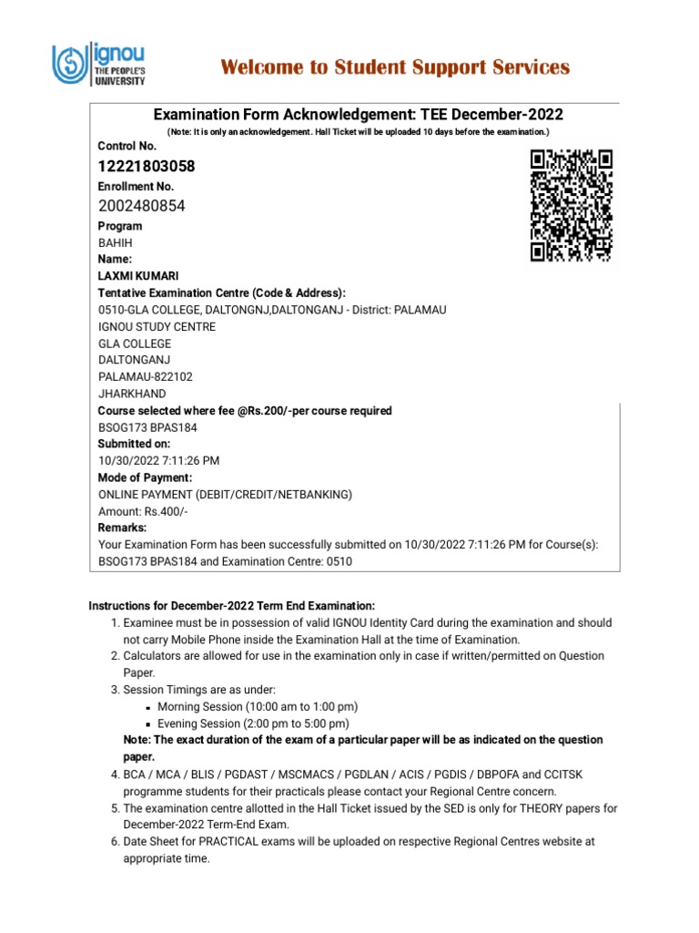 IGNOU Exam Form Acknowledgement 2022 | PDF