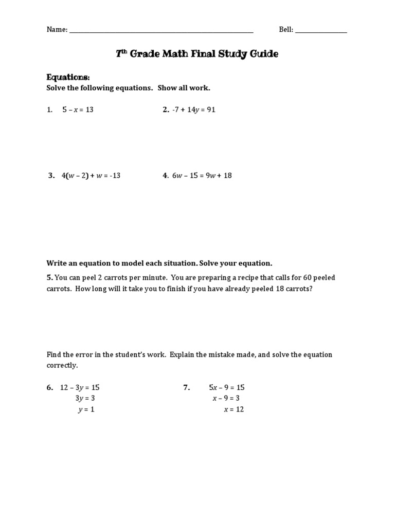7 TH Grade Math Final Study Guide Equati PDF Equations Angle