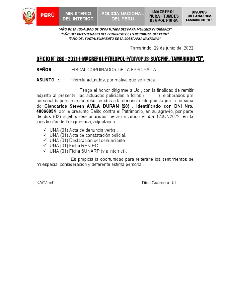 Oficio Remite Actuados A La Fiscalia Paita | PDF