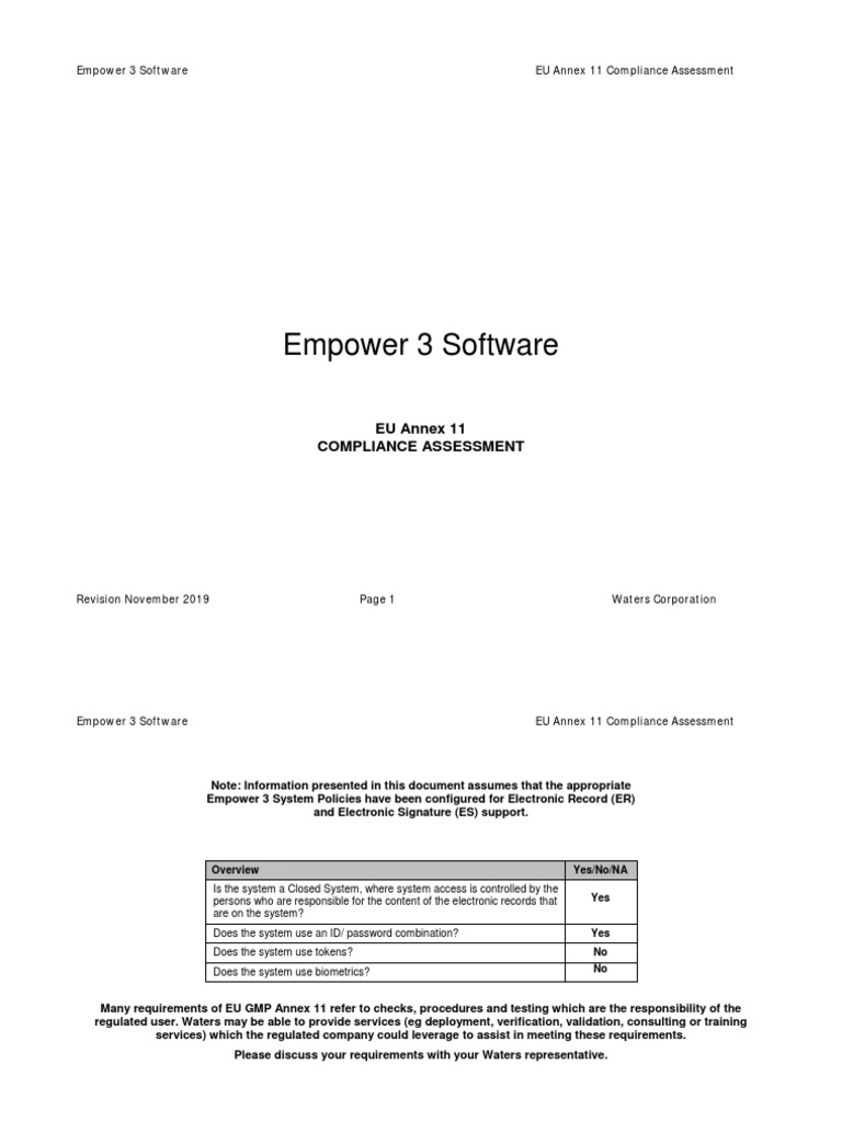 Empower 3 EU Annex 11 Compliance Assessment Rev1 November 2019 | PDF ...