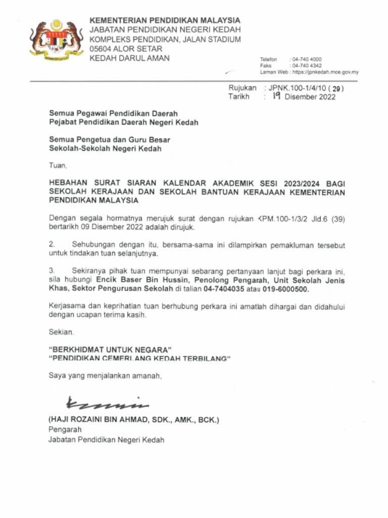 Hebahan Surat Siaran Kalendar Akademik Sesi 20232024 Bagi Sekolah ...