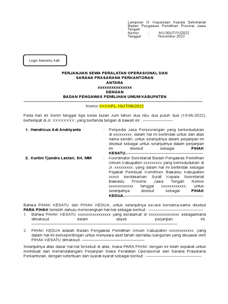 Perjanjian Sewa Peralatan Bawaslu Jateng | PDF | Teknologi & Rekayasa