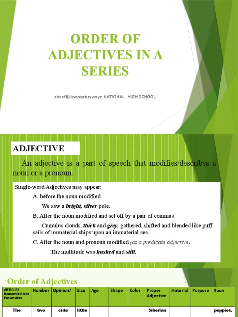 English Lesson: Order of Adjectives in a Series | PDF | Adjective | Noun