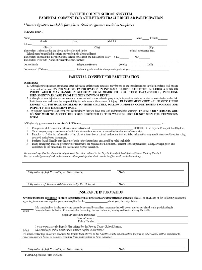 Fayette County Athletic Consent Form | PDF | Informed Consent | Insurance