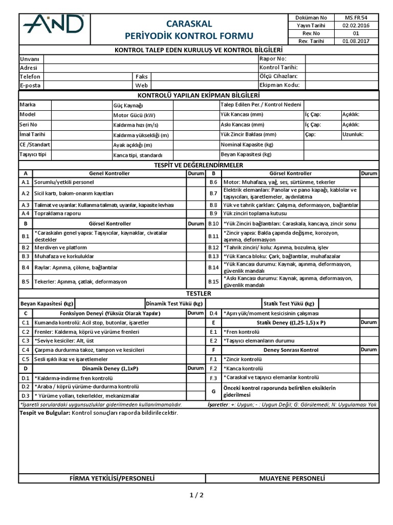 .54 Caraskal Periyodik Kontrol Formu Rev1 | PDF