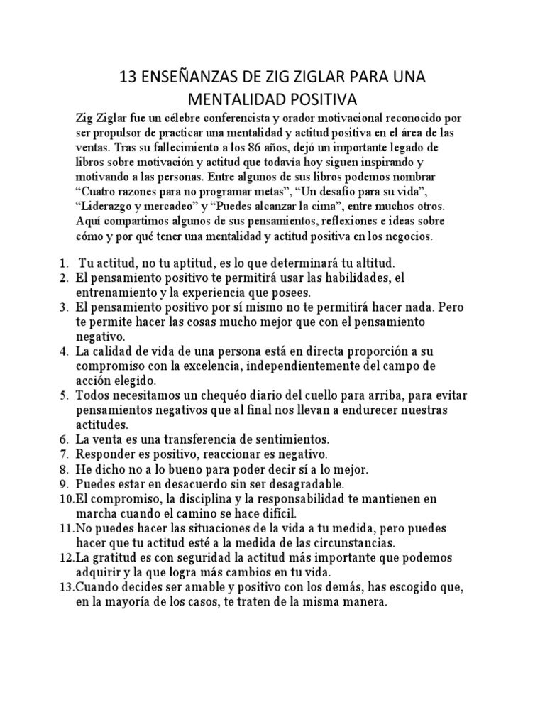 13 Enseñanzas de Zig Ziglar para Una Mentalidad Positiva | PDF | Liderazgo | Felicidad