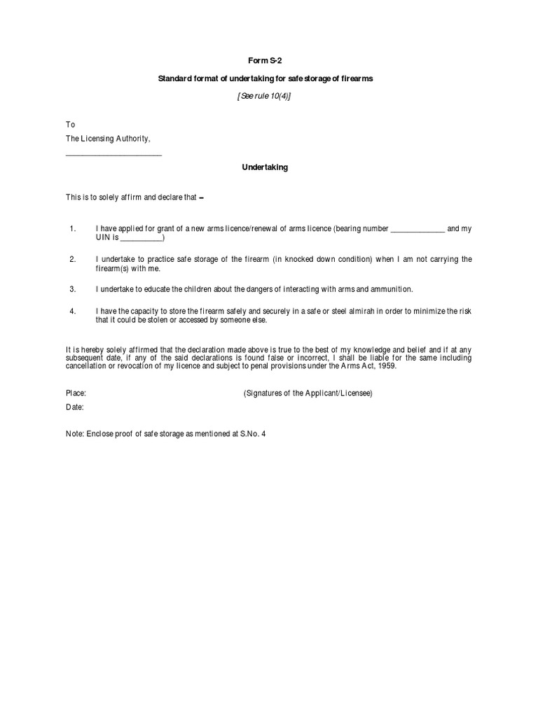 Form S-2 Standard Format of Undertaking For Safe Storage of Firearms | PDF