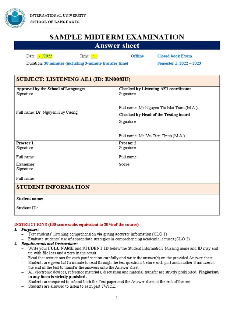 Listening AE1 Midterm Exam Instructions | PDF | Test (Assessment ...