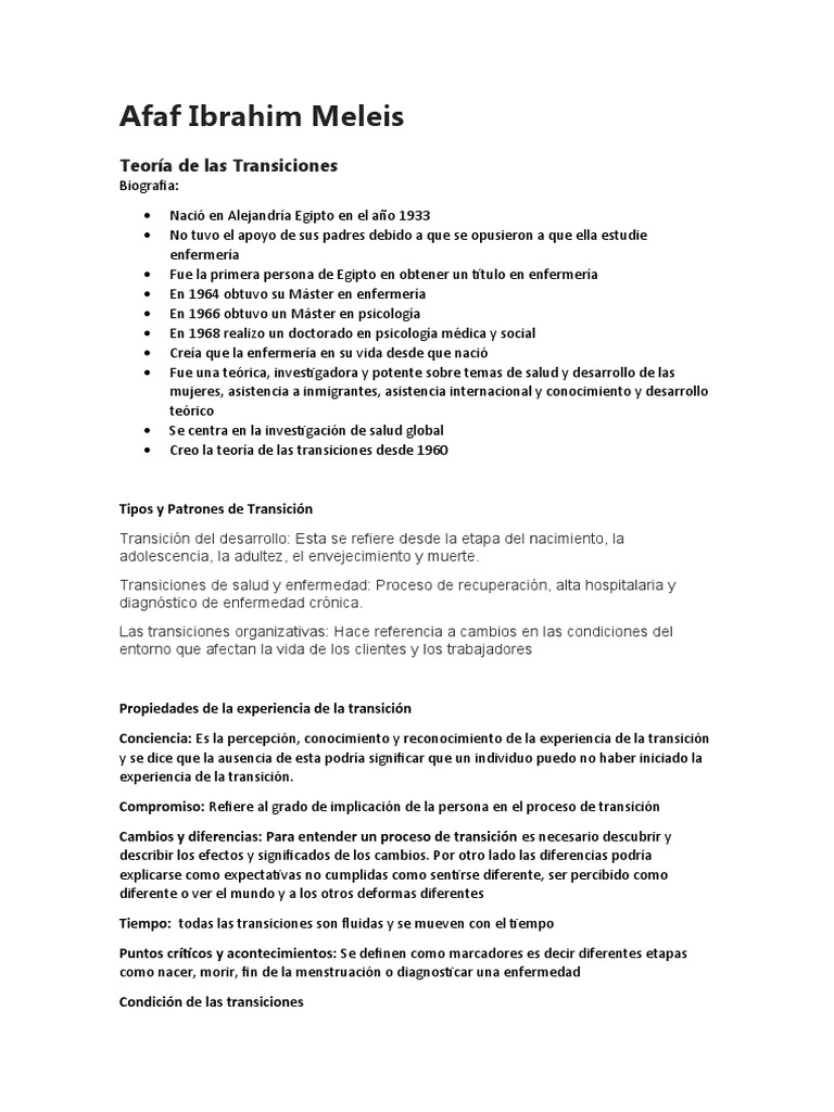 Teoría de Transiciones de Afaf Meleis | PDF | Enfermería | Experiencia