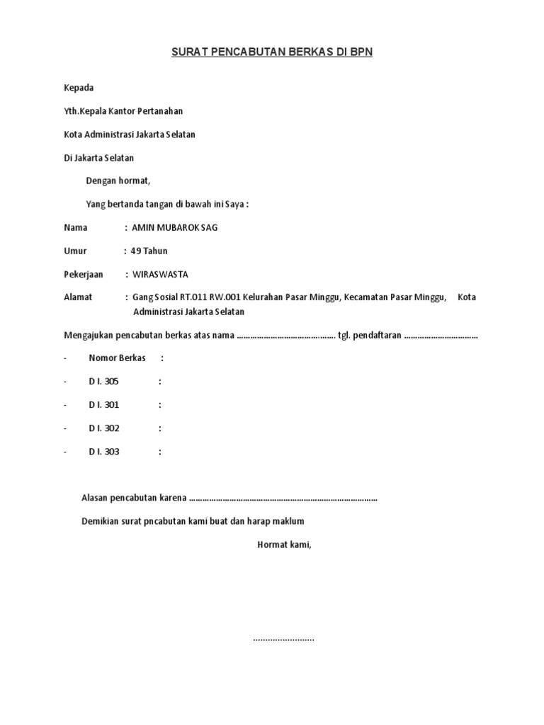 SURAT Pencabutan Berkas BPN | PDF