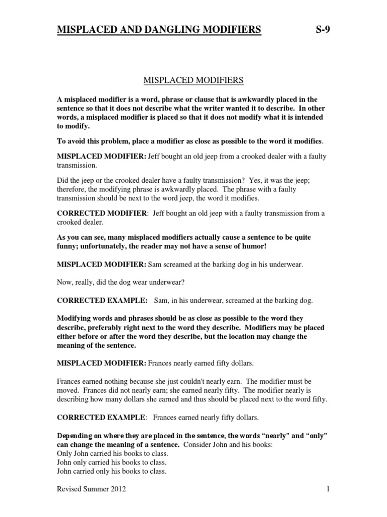 Misplaced-and-Dangling-Modifiers Part 1 | PDF | Sentence (Linguistics ...