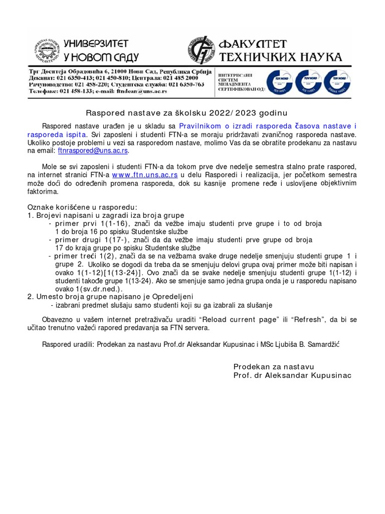 Raspored Nastave Za Školsku 2022/2023 Godinu: Ftnraspored@uns - Ac.rs | PDF