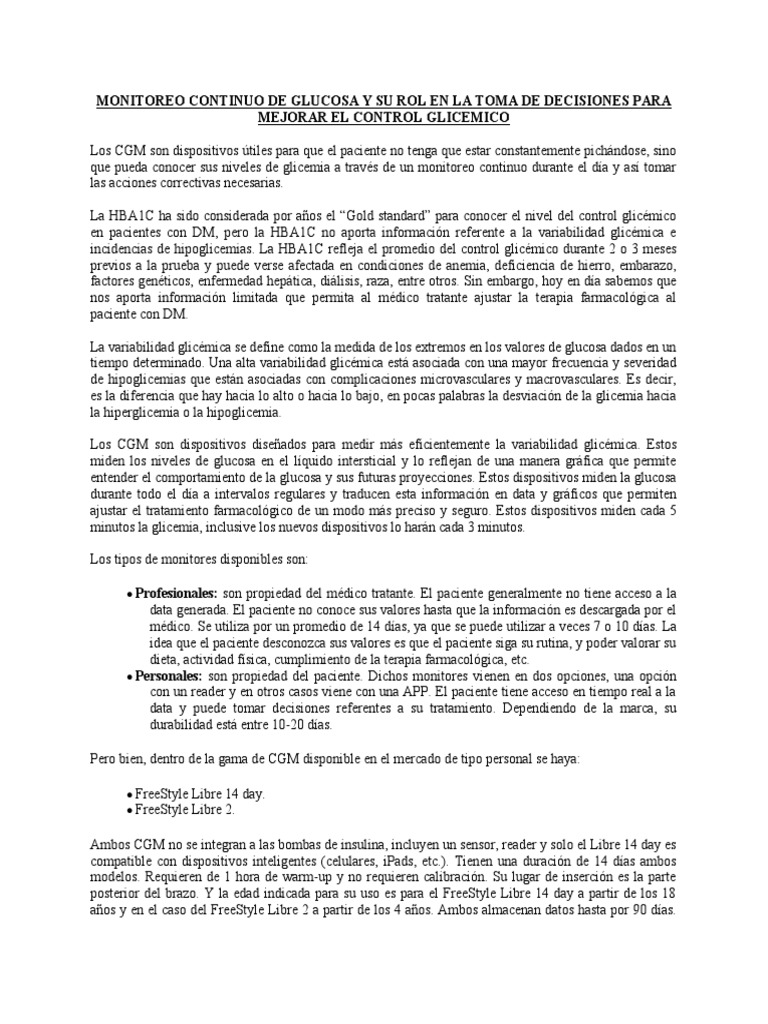 Monitoreo Continuo de Glucosa y Su Rol en La Toma de Decisiones para Mejorar El Control ...